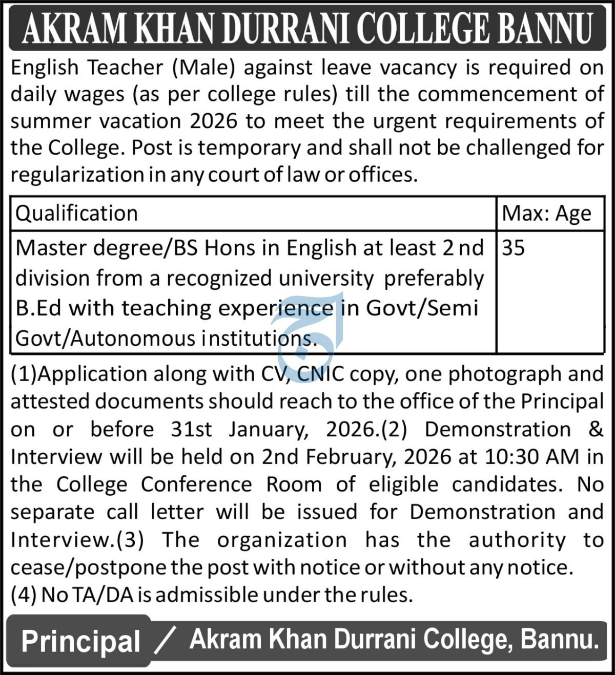 Akram Khan Durrani College Bannu Job 2026